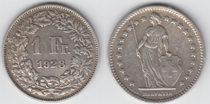1928 Schweiz, Kursmünze Silber, 1 Franken, Erhaltung siehe Scan! sehr schön | MA-Shops