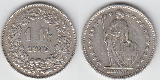 1936 Schweiz, Kursmünze Silber, 1 Franken, Erhaltung siehe Scan! sehr schön | MA-Shops