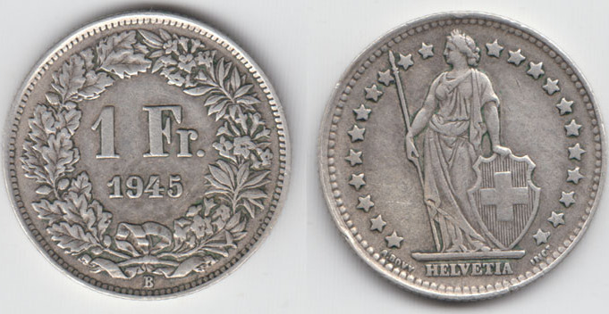 1945 Schweiz, Kursmünze Silber, 1 Franken, Erhaltung siehe Scan! sehr schön bis vorzüglich | MA ...