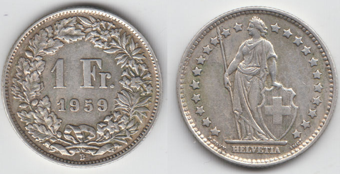 1959 Schweiz, Kursmünze Silber, 1 Franken, Erhaltung siehe Scan! vorzüglich | MA-Shops