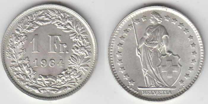 1964 Schweiz, Kursmünze Silber, 1 Franken, Erhaltung siehe Scan! vorzüglich bis stempelglanz ...