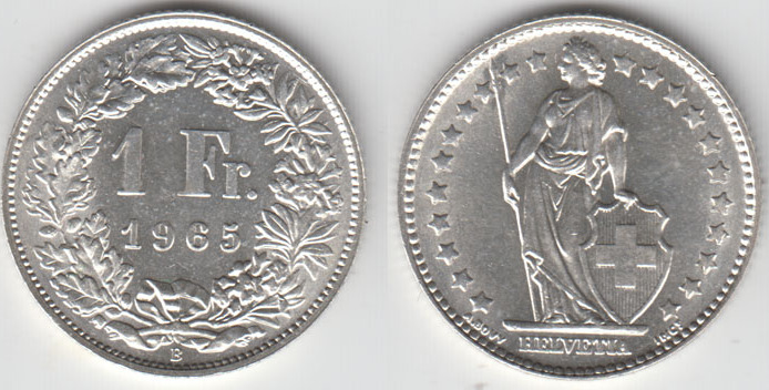 1965 Schweiz, Kursmünze Silber, 1 Franken, Erhaltung siehe Scan! vorzüglich bis stempelglanz ...