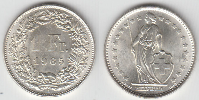 1965 Schweiz, Kursmünze Silber, 1 Franken, Erhaltung siehe Scan! vorzüglich bis stempelglanz ...