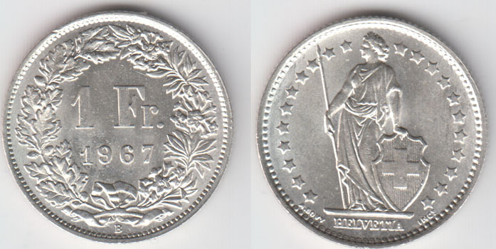 1967 Schweiz, Kursmünze Silber, 1 Franken, Erhaltung siehe Scan! vorzüglich bis stempelglanz ...
