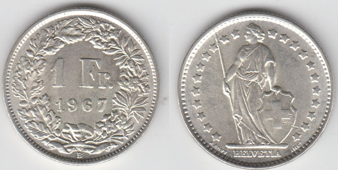 1967 Schweiz, Kursmünze Silber, 1 Franken, Erhaltung siehe Scan! vorzüglich bis stempelglanz ...
