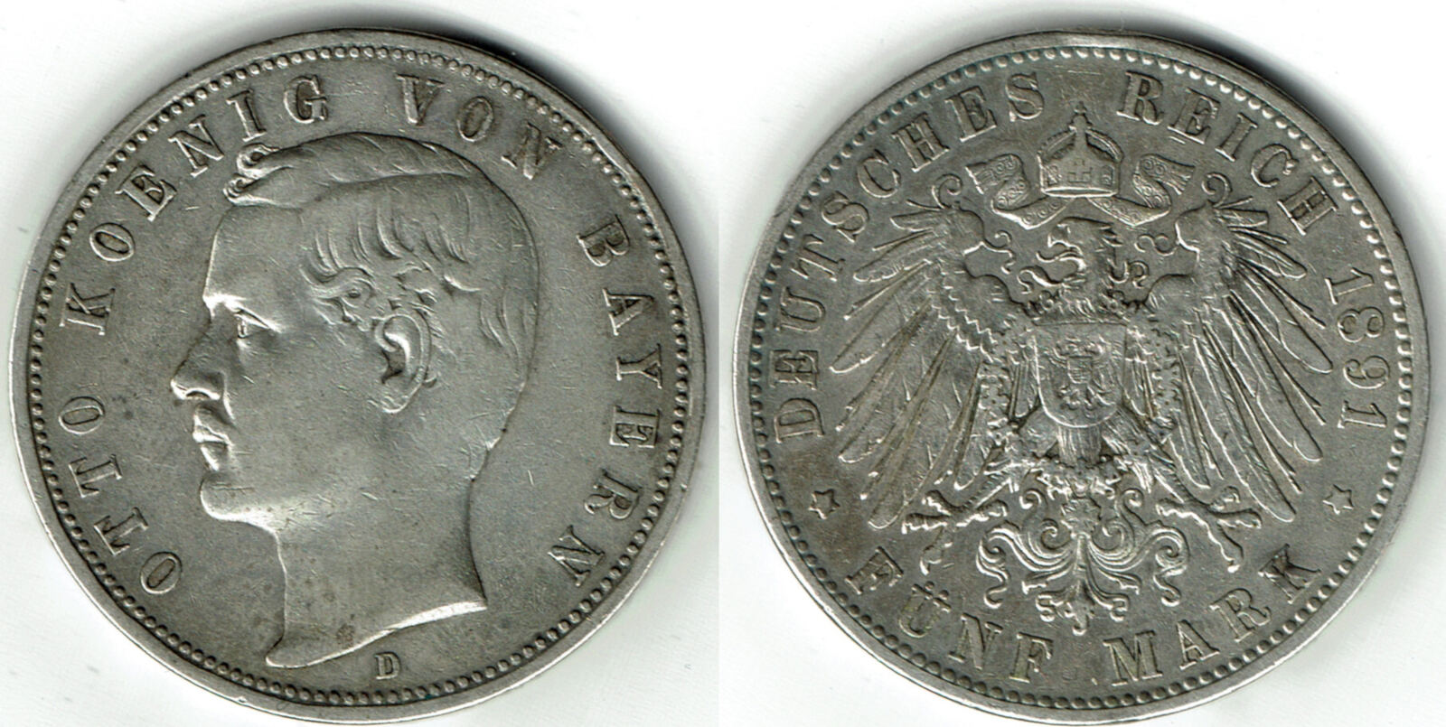 Kaiserreich - Bayern Deutsches Kaiserreich, Bayern, König Otto, 5 Mark 1891 D, Silber! sehr ...
