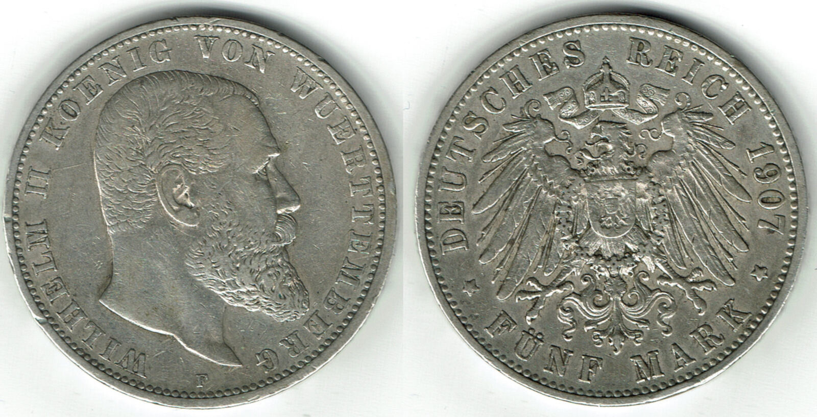 5 Mark Kaiserreich, Württemberg 1907 F, Wilhelm II., Erhaltung siehe Scan! sehr schön, kl ...
