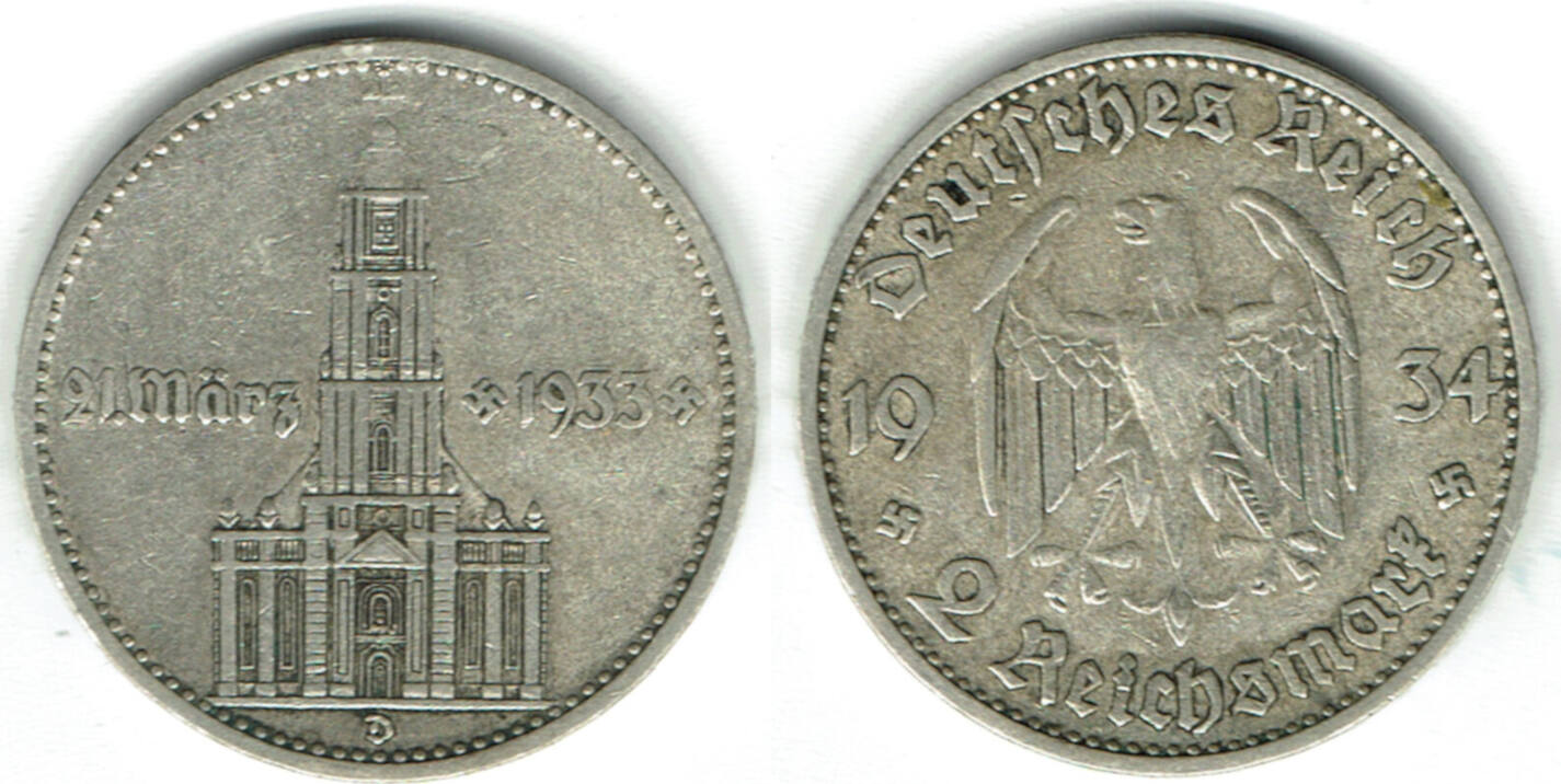 1934 D Drittes Reich, 2 Reichsmark Garnisonskirche mit Datum 21. März ...