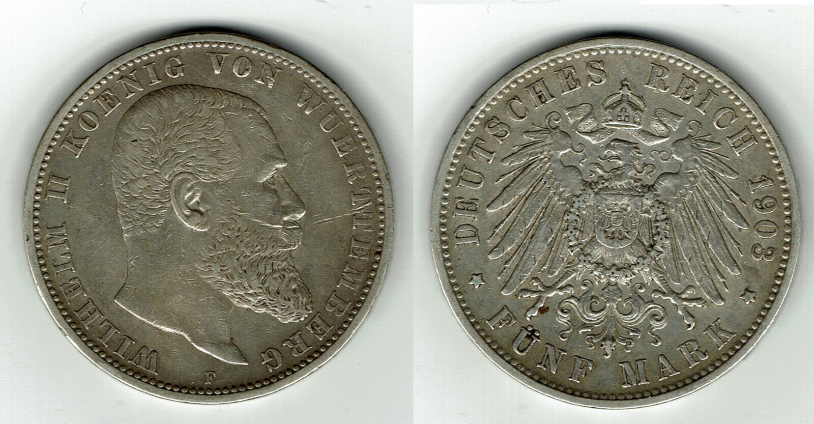 5 Mark Kaiserreich, Württemberg 1903 F, Wilhelm II., Erhaltung siehe Scan! sehr schön, Kratzer ...