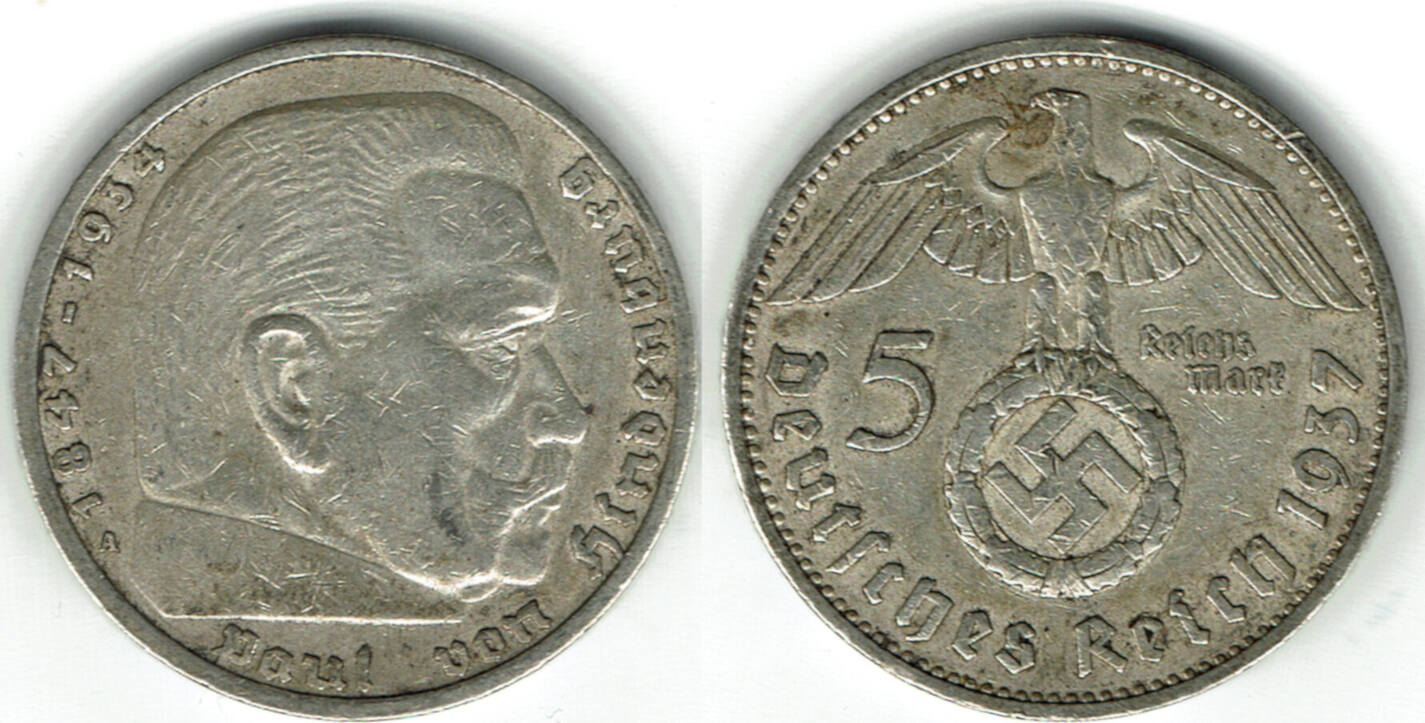 Drittes Reich, 5 Reichsmark 1937 A, Hindenburg mit HK, 13,89 g 900er ...