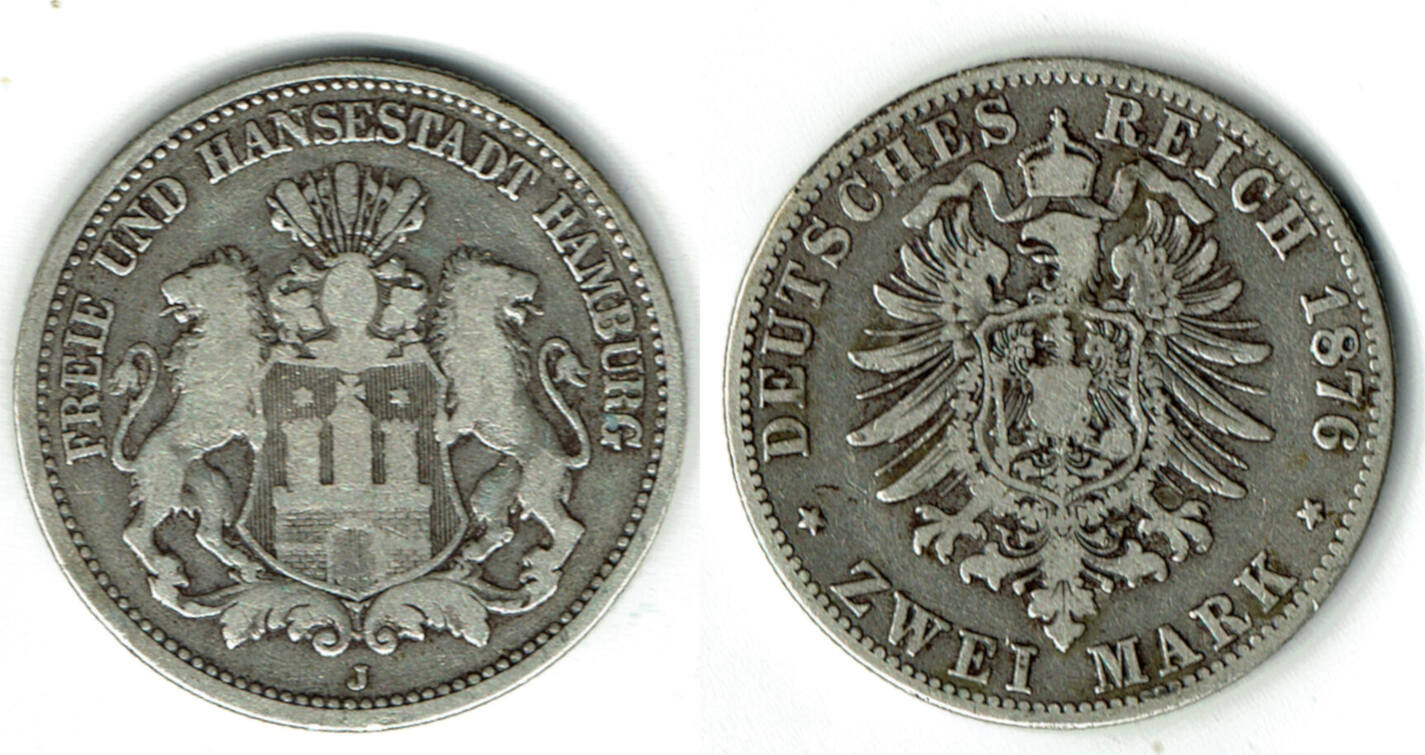 Kaiserreich, Hamburg, 2 Mark 1876 J, Stadtwappen, Erhaltung siehe Scan! schön bis sehr schön ...