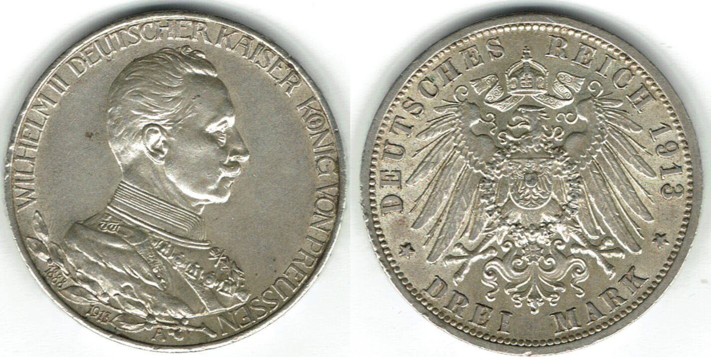 Preußen 3 Mark 1913 A, Wilhelm II. in Uniform, Erhaltung siehe Scan! fast vorzüglich | MA-Shops