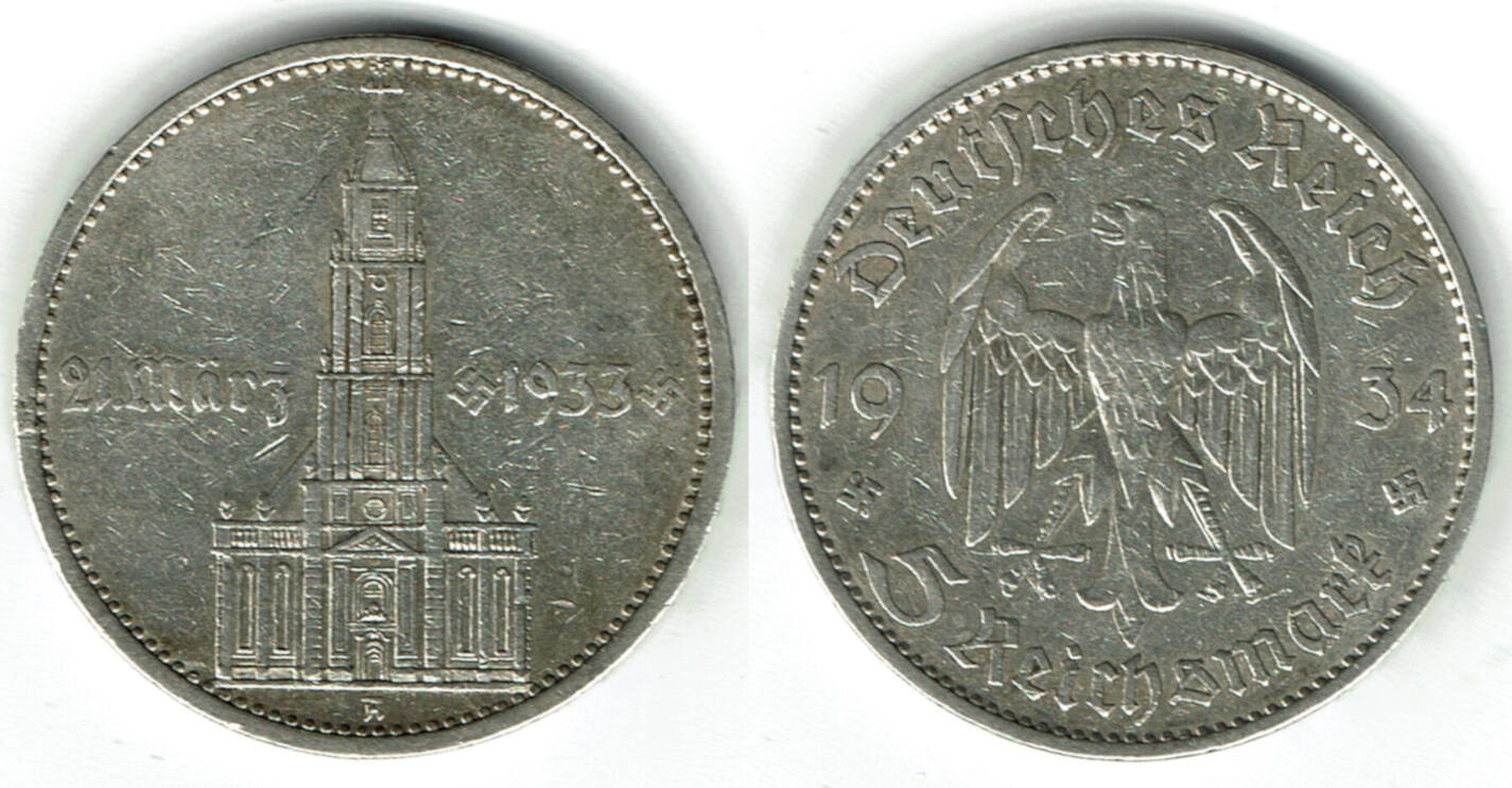 Drittes Reich, 5 Reichsmark 1934 A, Garnisonskirche Potsdam mit Datum ...