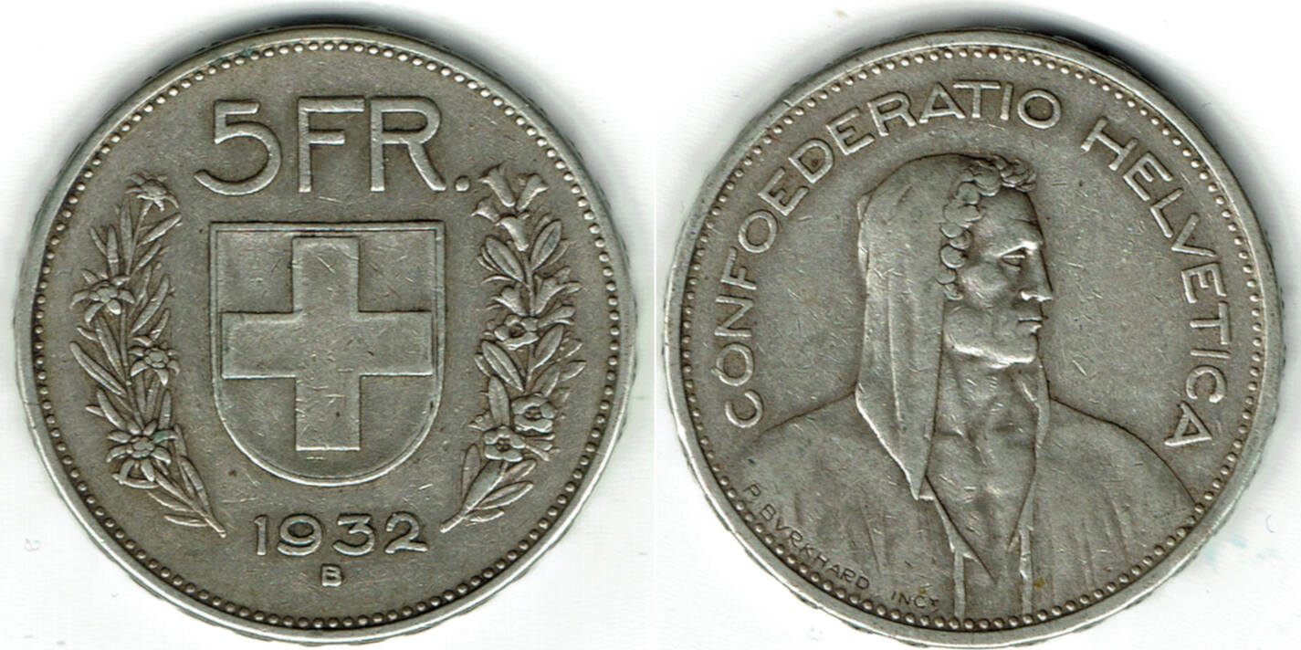 Schweiz, Kursmünze 5 Franken 1932, Silber, Erhaltung siehe Scan! sehr schön | MA-Shops