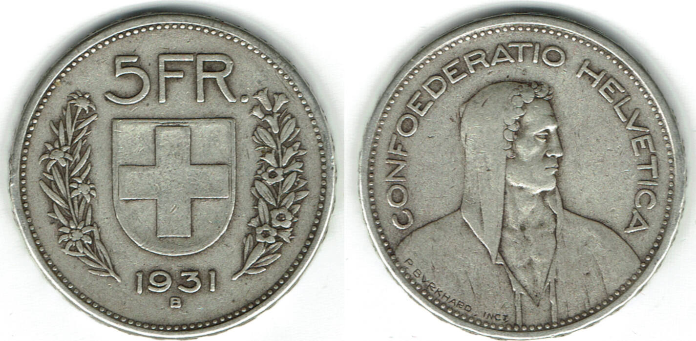 Schweiz, Kursmünze 5 Franken 1931, Silber, Erhaltung siehe Scan! sehr ...