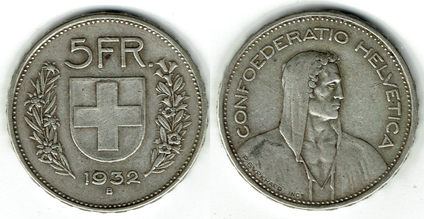 Schweiz, Kursmünze 5 Franken 1932, Silber, Erhaltung siehe Scan! sehr schön | MA-Shops
