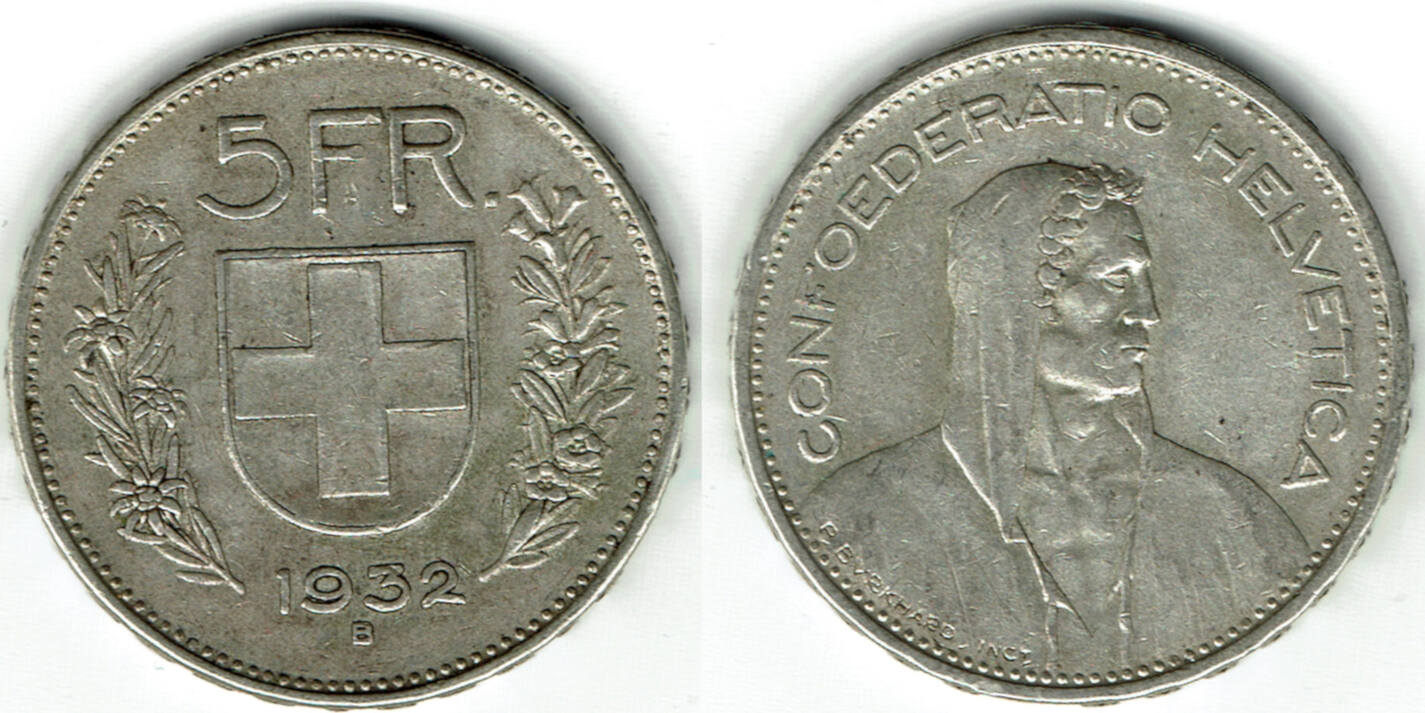 Schweiz, Kursmünze 5 Franken 1932, Silber, Erhaltung siehe Scan! sehr schön | MA-Shops