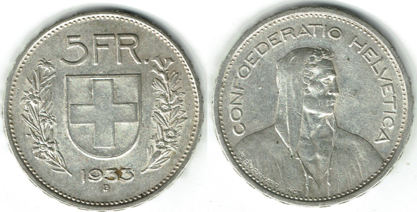Schweiz, Kursmünze 5 Franken 1933, Silber, Erhaltung siehe Scan! sehr ...