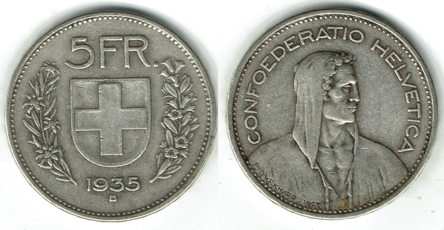 Schweiz, Kursmünze 5 Franken 1935, Silber, Erhaltung siehe Scan! sehr schön | MA-Shops