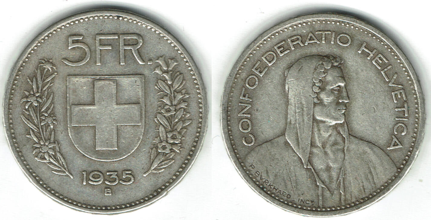 Schweiz, Kursmünze 5 Franken 1935, Silber, Erhaltung siehe Scan! sehr ...