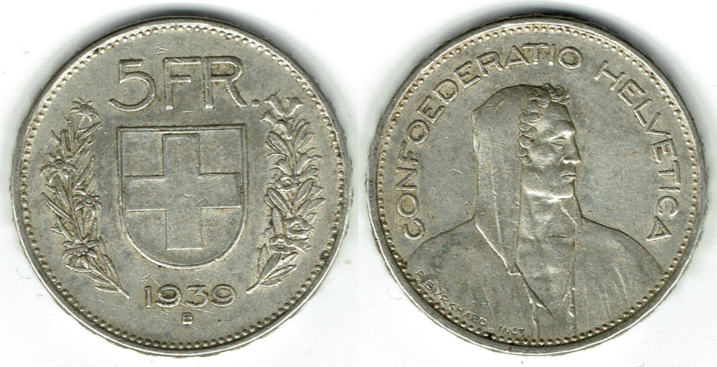 Schweiz, Kursmünze 5 Franken 1939, Silber, Erhaltung siehe Scan! sehr schön | MA-Shops