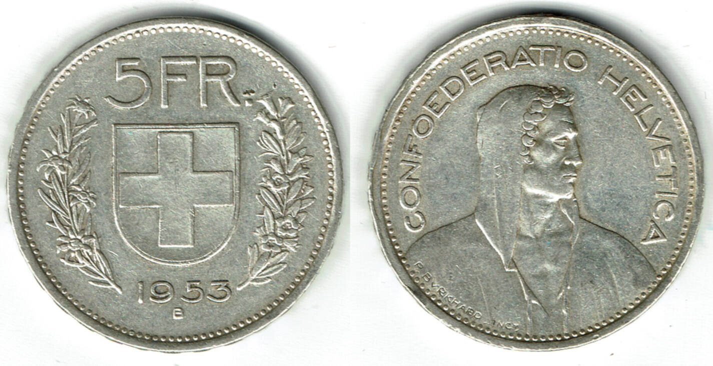 Schweiz, Kursmünze 5 Franken 1953, Silber, Erhaltung siehe Scan! sehr schön | MA-Shops