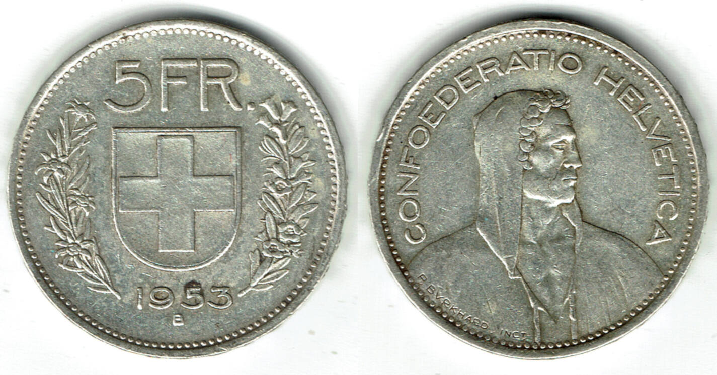 Schweiz, Kursmünze 5 Franken 1953, Silber, Erhaltung siehe Scan! sehr schön | MA-Shops