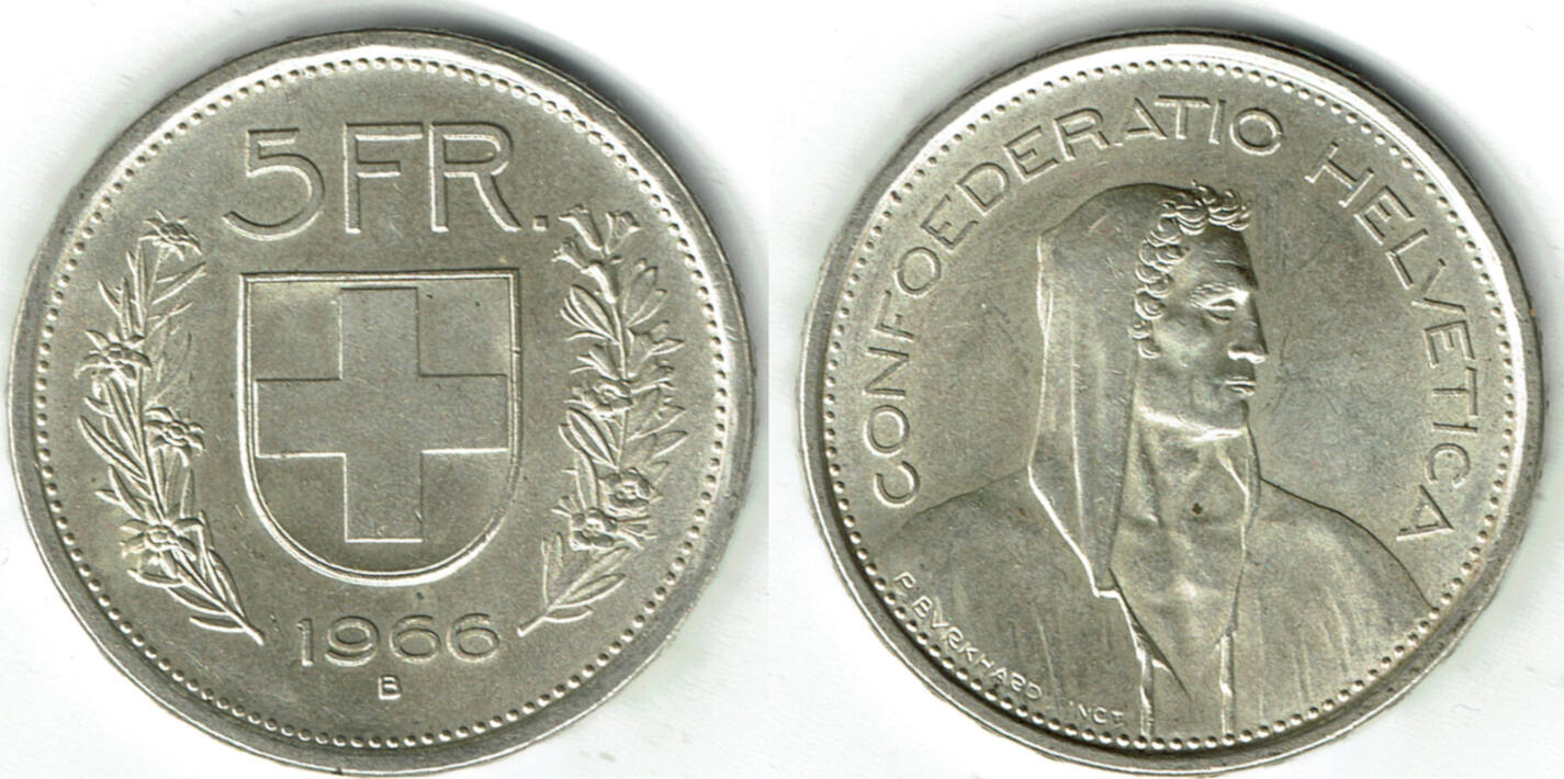 Schweiz, Kursmünze 5 Franken 1966, Silber, Erhaltung siehe Scan! vorzüglich bis stempelglanz ...