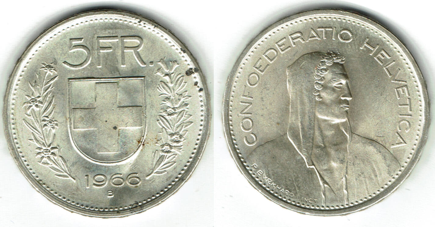 Schweiz, Kursmünze 5 Franken 1966, Silber, Erhaltung siehe Scan! vorzüglich bis stempelglanz ...