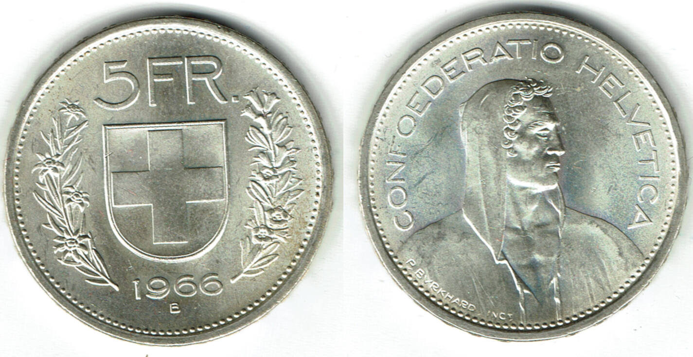 Schweiz, Kursmünze 5 Franken 1966, Silber, Erhaltung siehe Scan! vorzüglich bis stempelglanz ...