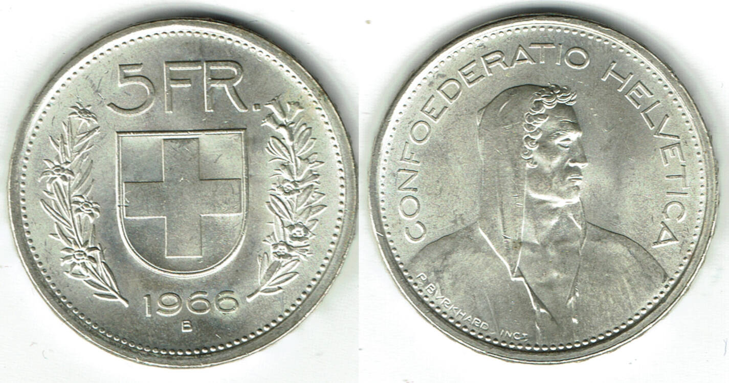 Schweiz, Kursmünze 5 Franken 1966, Silber, Erhaltung siehe Scan! vorzüglich bis stempelglanz ...