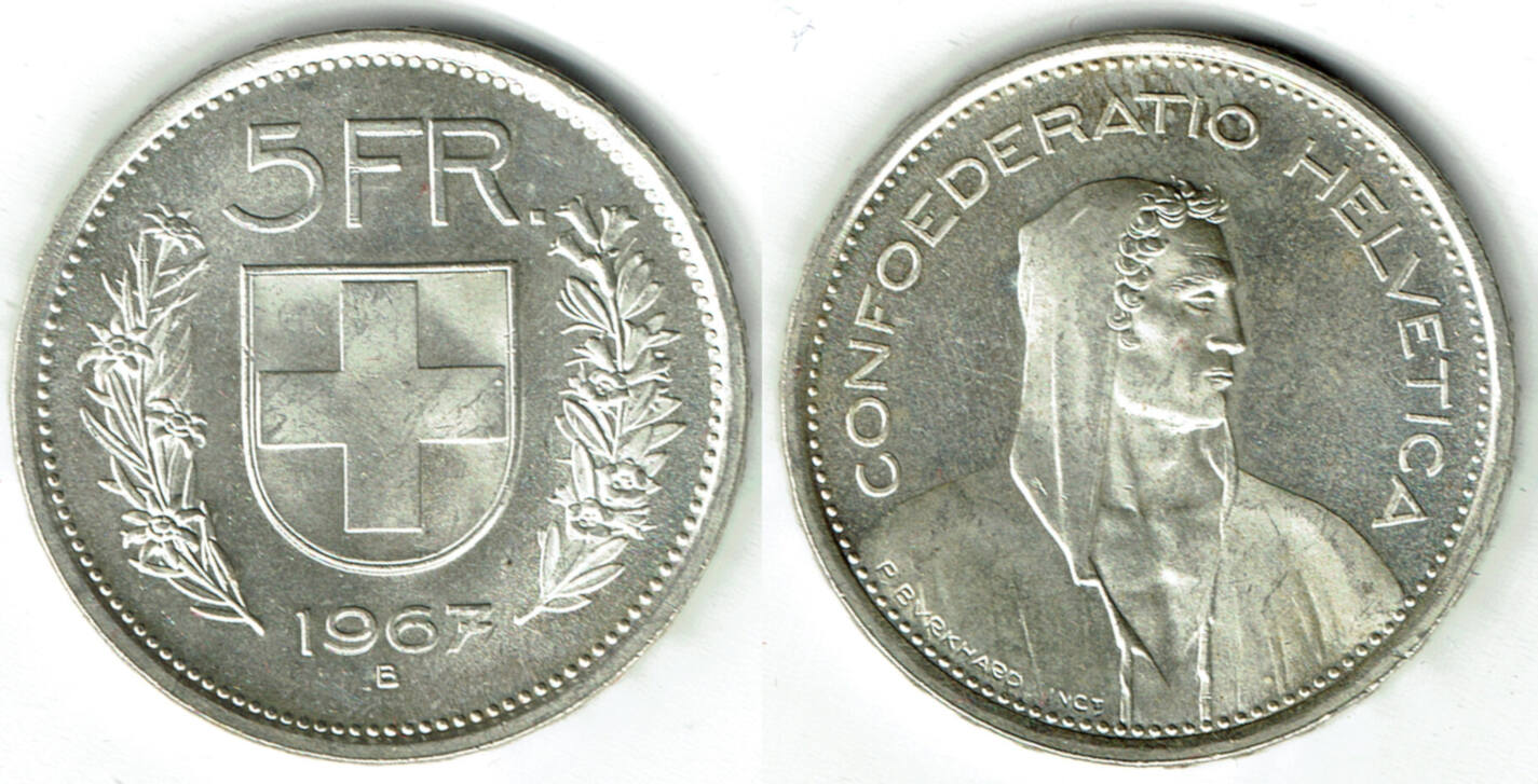 Schweiz, Kursmünze 5 Franken 1967, Silber, Erhaltung siehe Scan! gutes ...