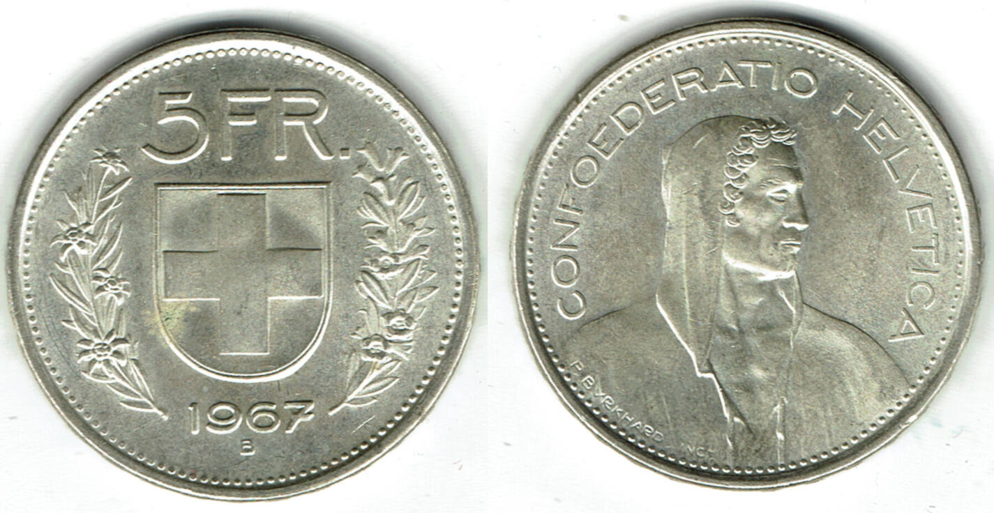 Schweiz, Kursmünze 5 Franken 1967, Silber, Erhaltung siehe Scan! vorzüglich bis stempelglanz ...
