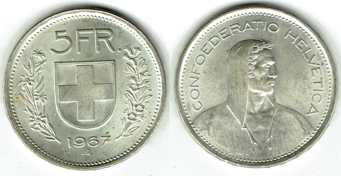Schweiz, Kursmünze 5 Franken 1967, Silber, Erhaltung siehe Scan! vorzüglich bis stempelglanz ...