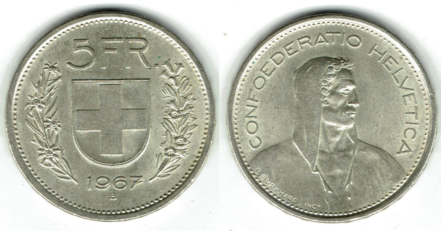Schweiz, Kursmünze 5 Franken 1967, Silber, Erhaltung siehe Scan! vorzüglich bis stempelglanz ...