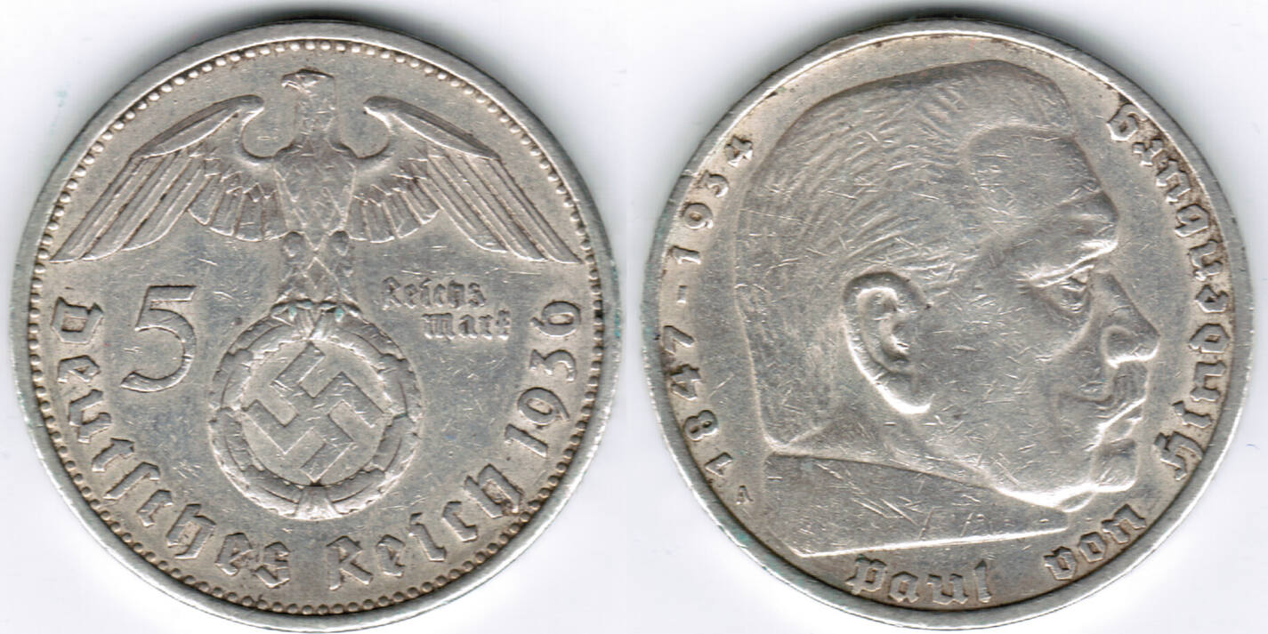 Drittes Reich, 5 Reichsmark 1936 A, Hindenburg mit HK, 13,89 g 900er ...