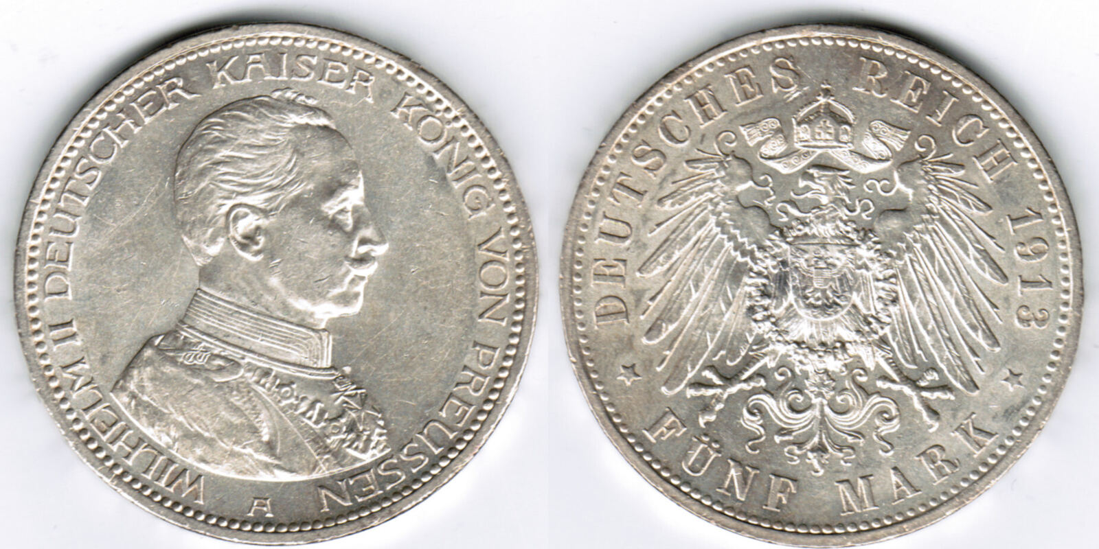 Preußen 5 Mark 1913 A, Wilhelm II. in Uniform, Erhaltung siehe Scan! fast vorzüglixh ...