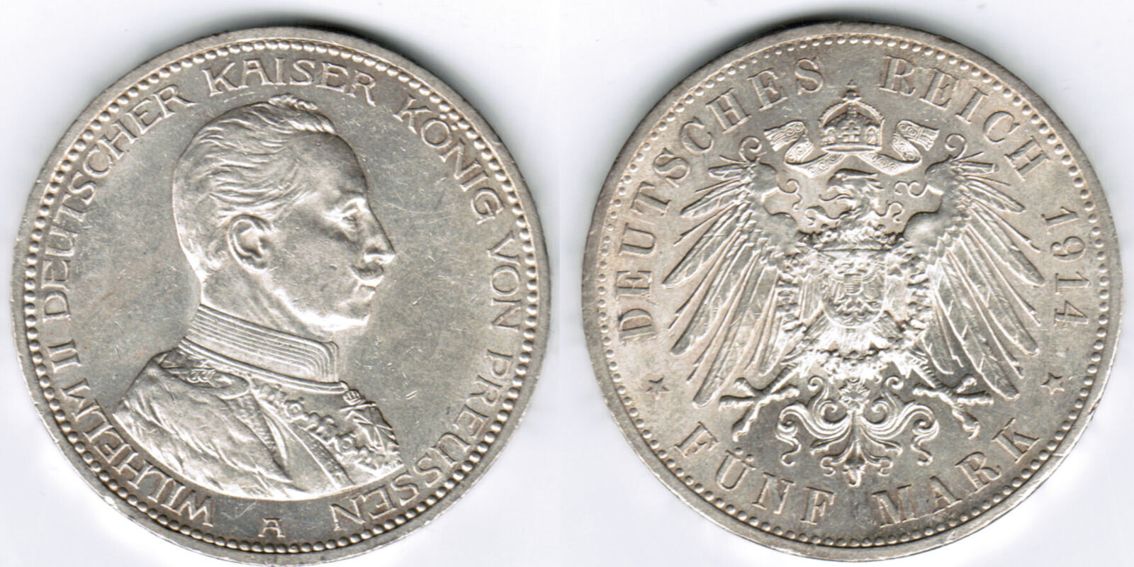 Preußen 5 Mark 1914 A, Wilhelm II. in Uniform, Erhaltung siehe Scan! sehr schön bis vorzüglich ...