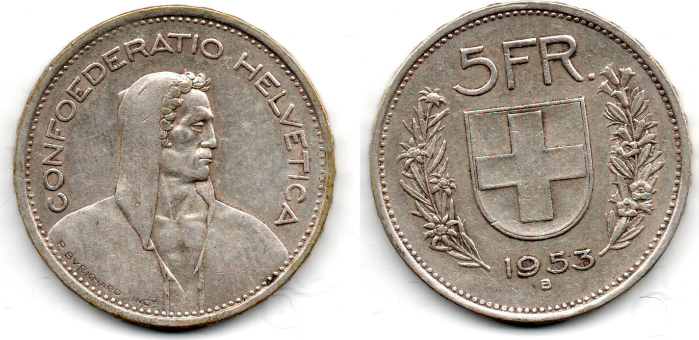 Schweiz, Kursmünze 5 Franken 1953, Silber, Erhaltung siehe Scan! sehr schön | MA-Shops