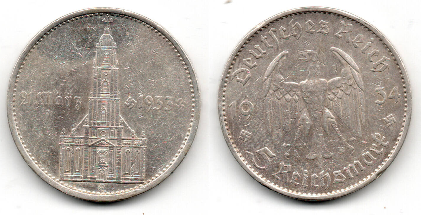 Drittes Reich, 5 Reichsmark 1934 E, Garnisonskirche Potsdam mit Datum ...