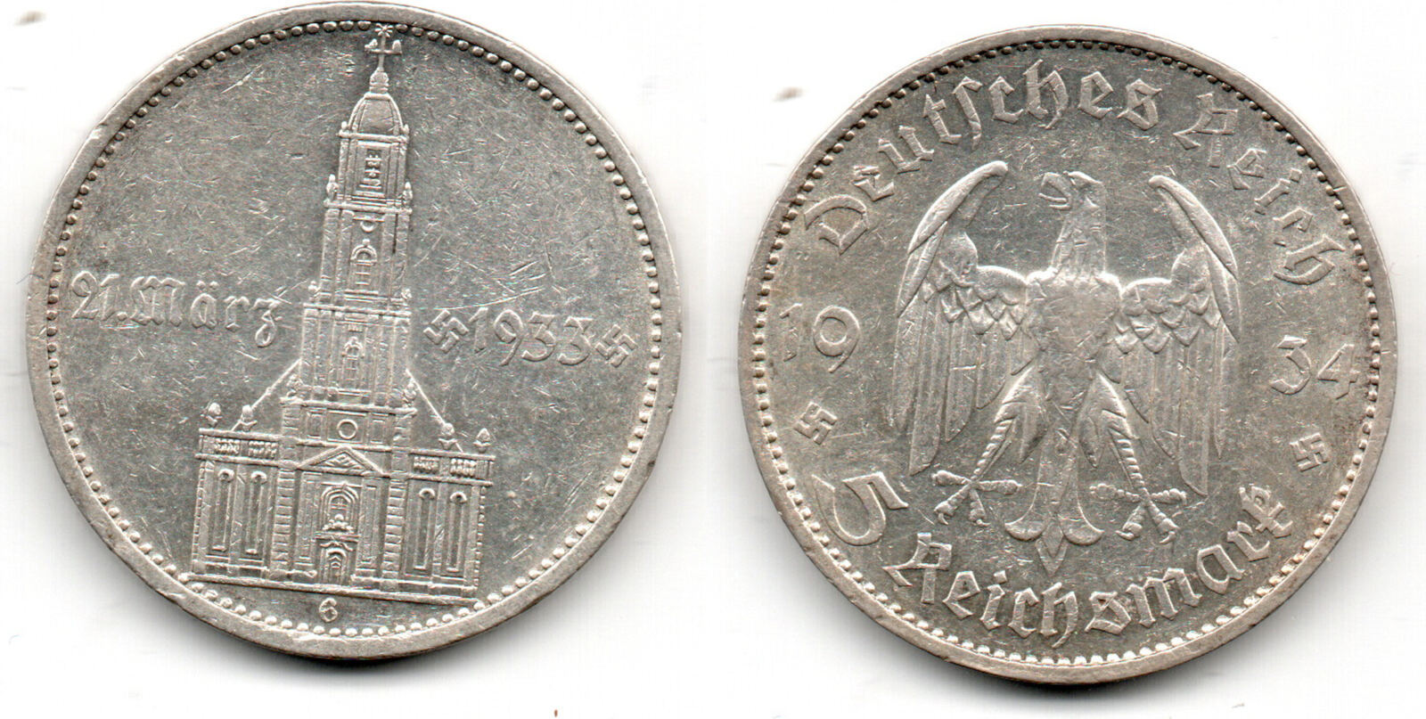 Drittes Reich, 5 Reichsmark 1934 G, Garnisonskirche Potsdam mit Datum ...