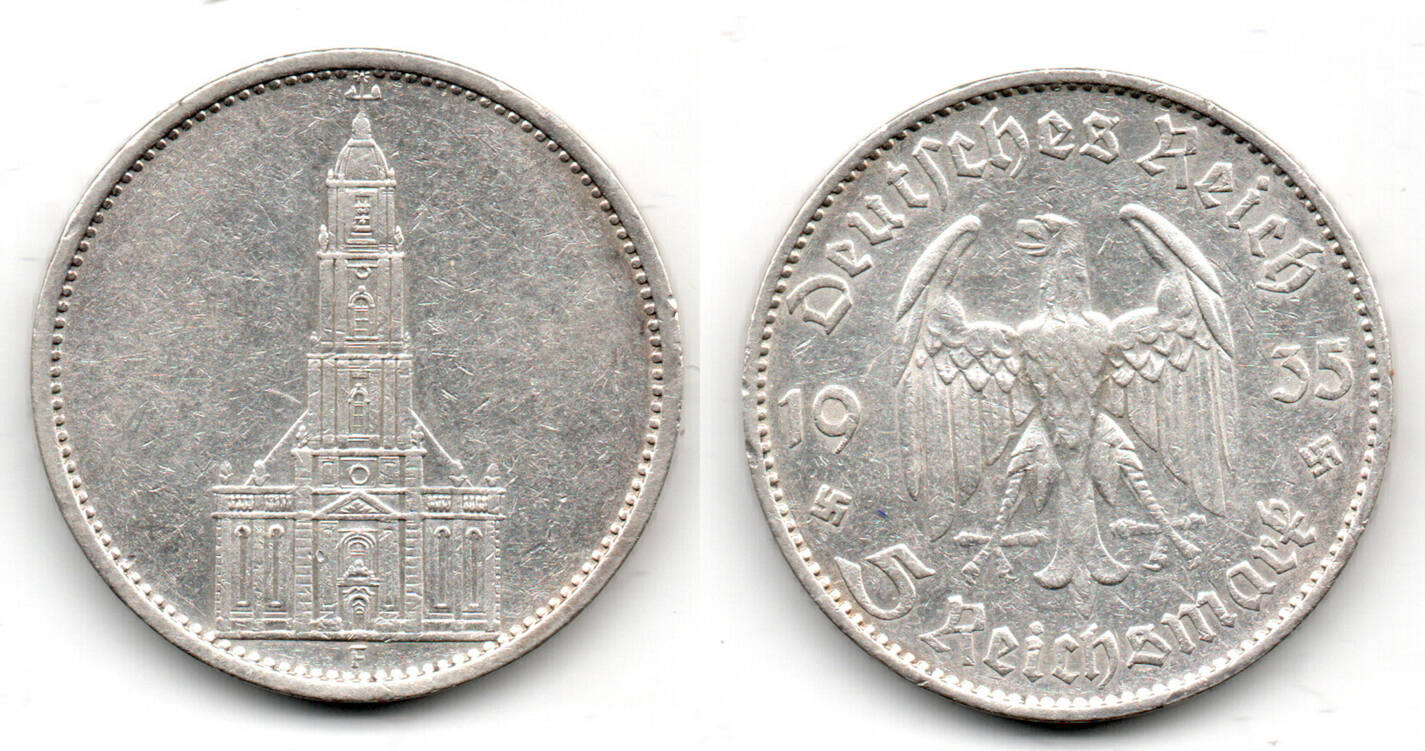 1935 F Drittes Reich, 5 Reichsmark Garnisonskirche ohne Datum, 13,89 g ...