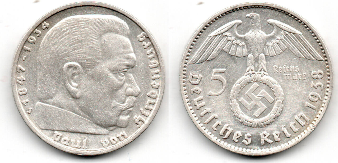 Drittes Reich, 5 Reichsmark 1938 J, Hindenburg mit HK, 13,89 g 900er ...
