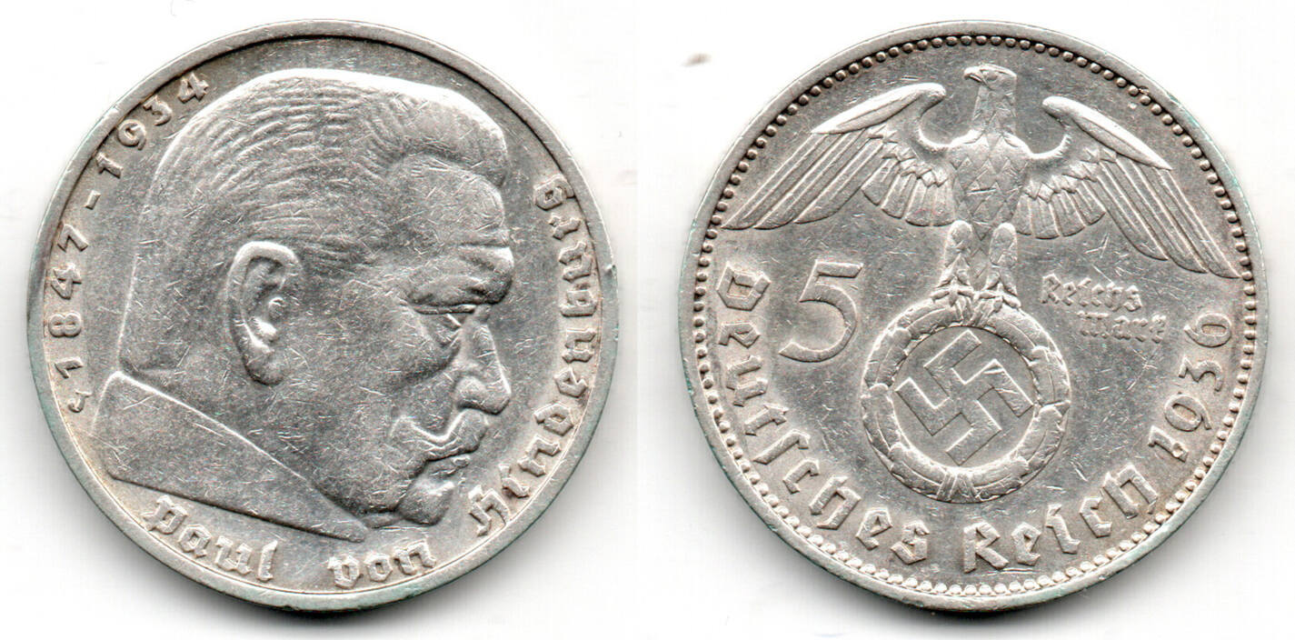Drittes Reich, 5 Reichsmark 1936 J, Hindenburg mit HK, 13,89 g 900er ...