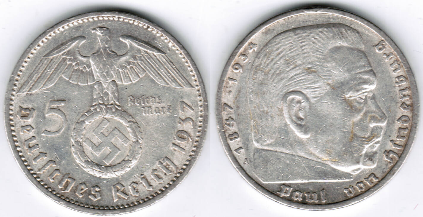 Drittes Reich, 5 Reichsmark 1937 A, Hindenburg mit HK, 13,89 g 900er ...