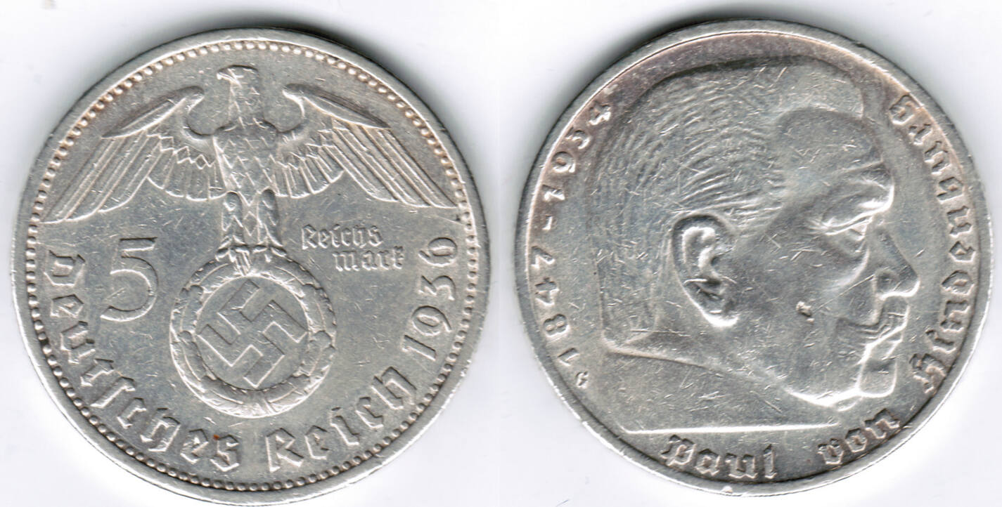 Drittes Reich, 5 Reichsmark 1936 G, Hindenburg mit HK, 13,89 g 900er ...