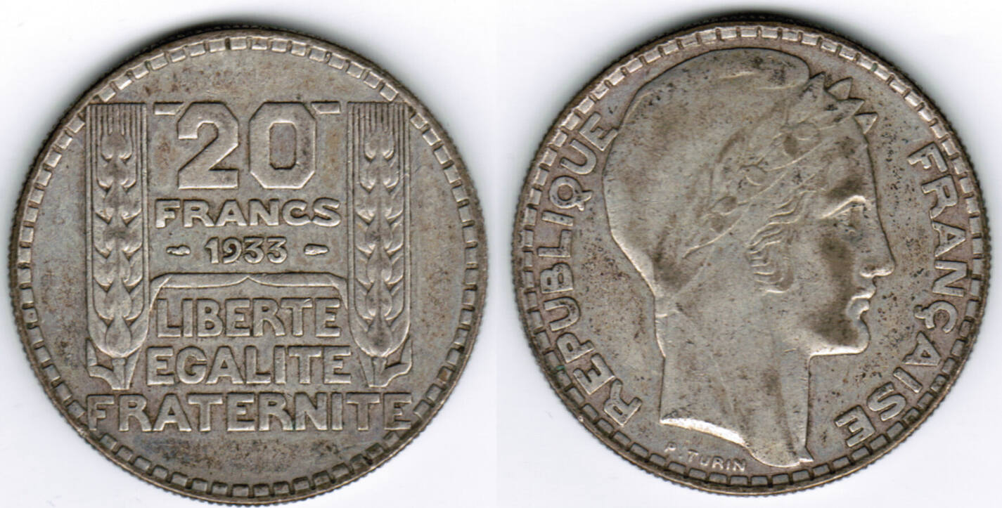 20 Francs Frankreich, Silbermünze 20 Franc 1933, Erhaltung siehe Scan ...