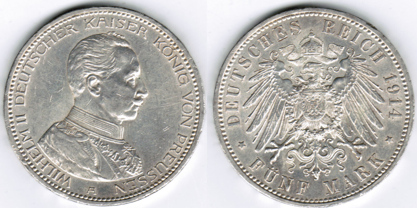 Preußen 5 Mark 1914 A, Wilhelm II. in Uniform, Erhaltung siehe Scan! fast vorzüglich ...