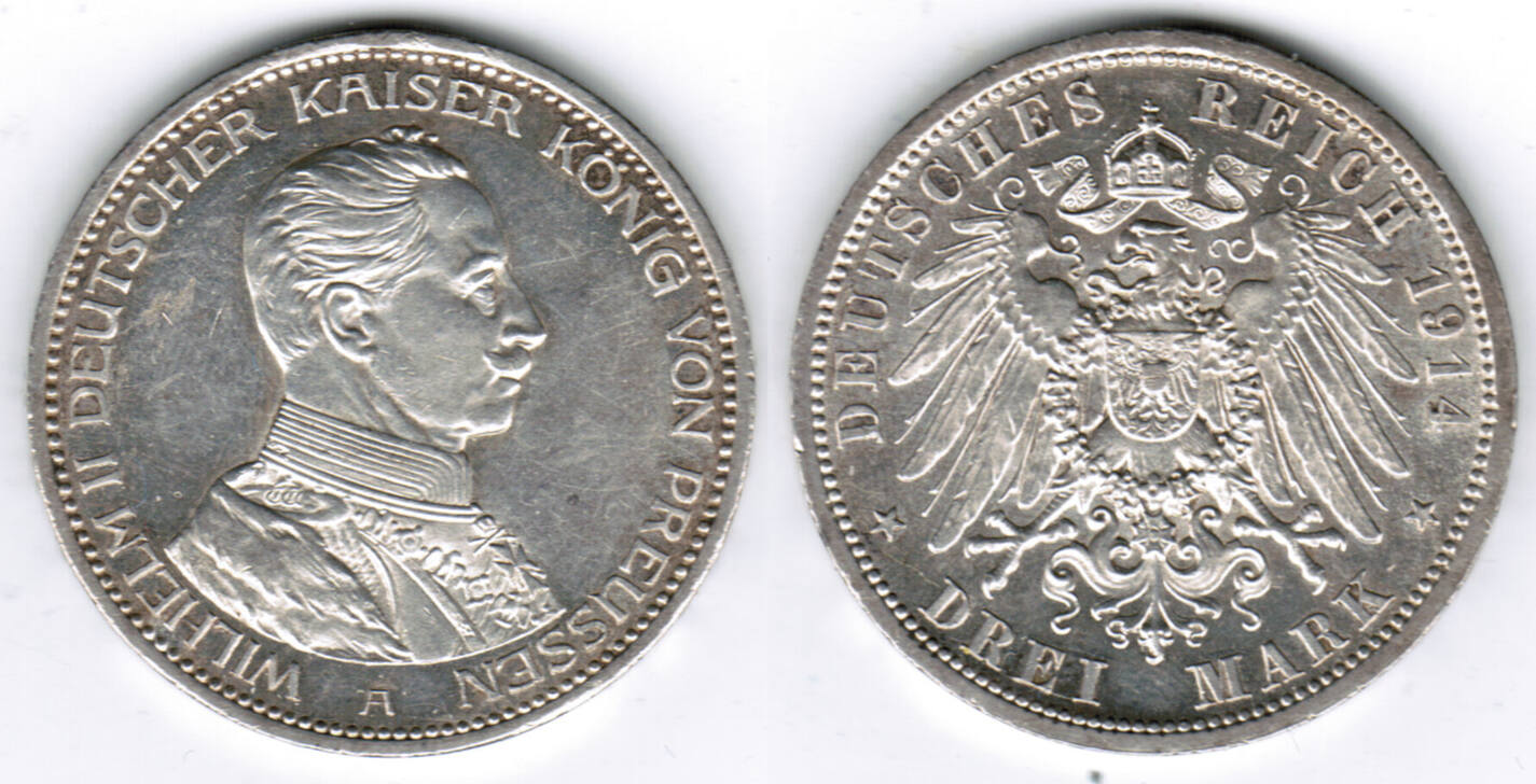 1914 U Preußen 3 Mark 1914 A, Wilhelm II. in Uniform, Erhaltung siehe Scan! sehr schön bis ...