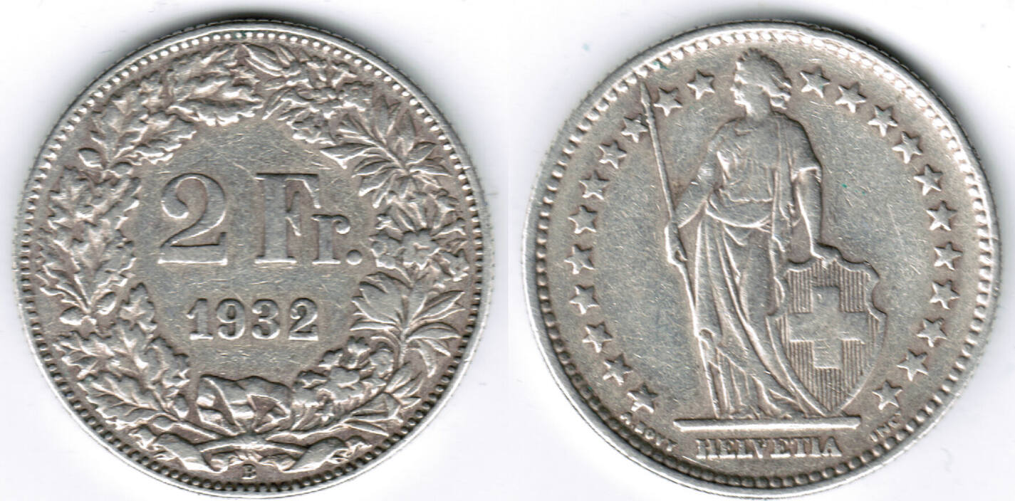 1932 Schweiz, Kursmünze Silber, 2 Franken, Erhaltung siehe Scan! sehr schön | MA-Shops